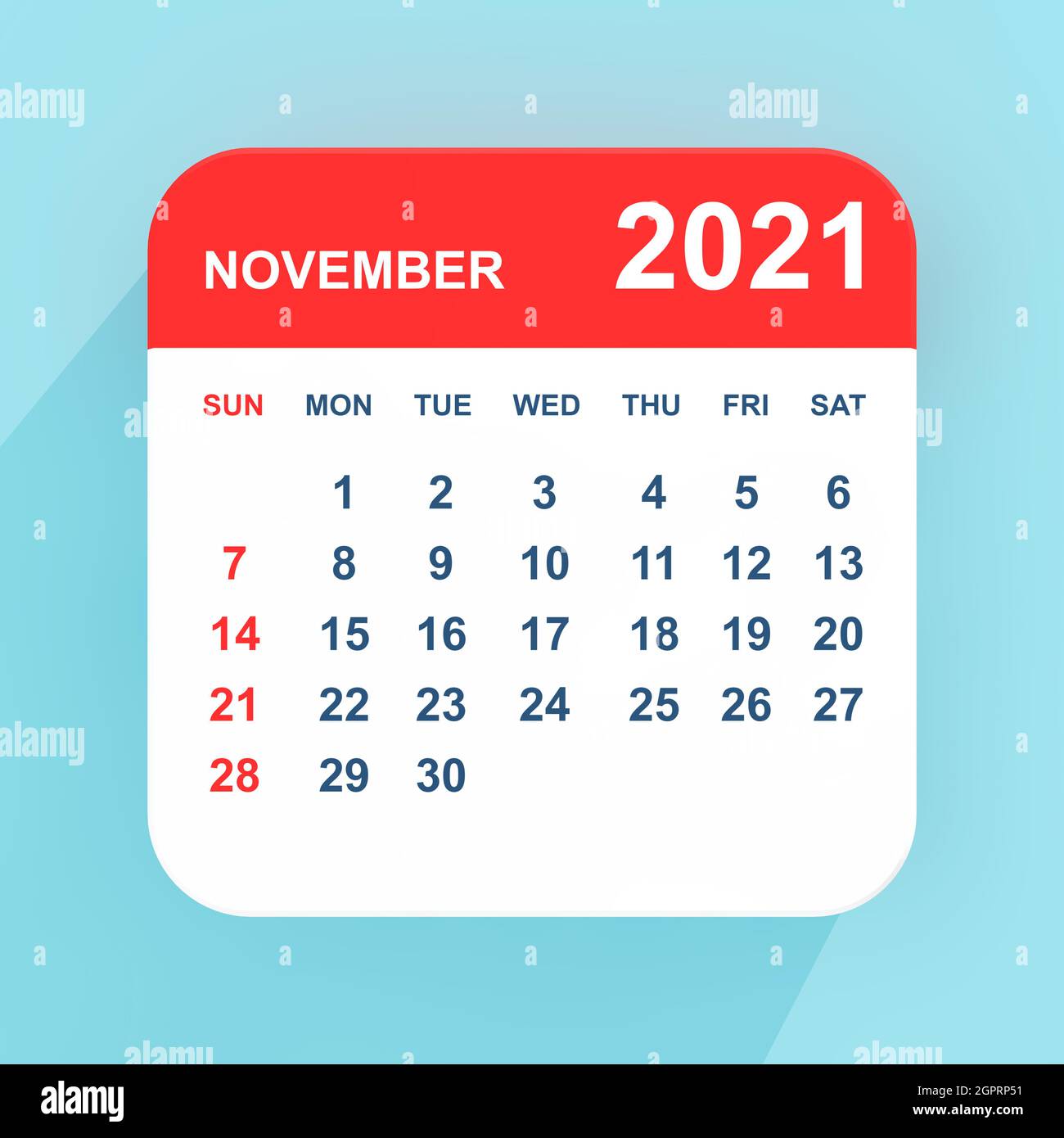 Flat Icon Calendar November 2021 on a blue background. 3d Rendering ...