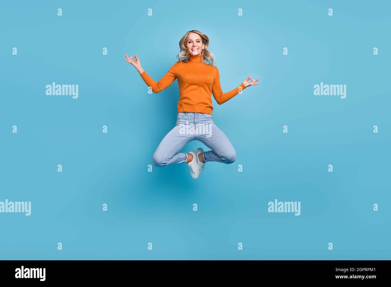Full body photo of cheerful young positive woman jump up asana om signs ...