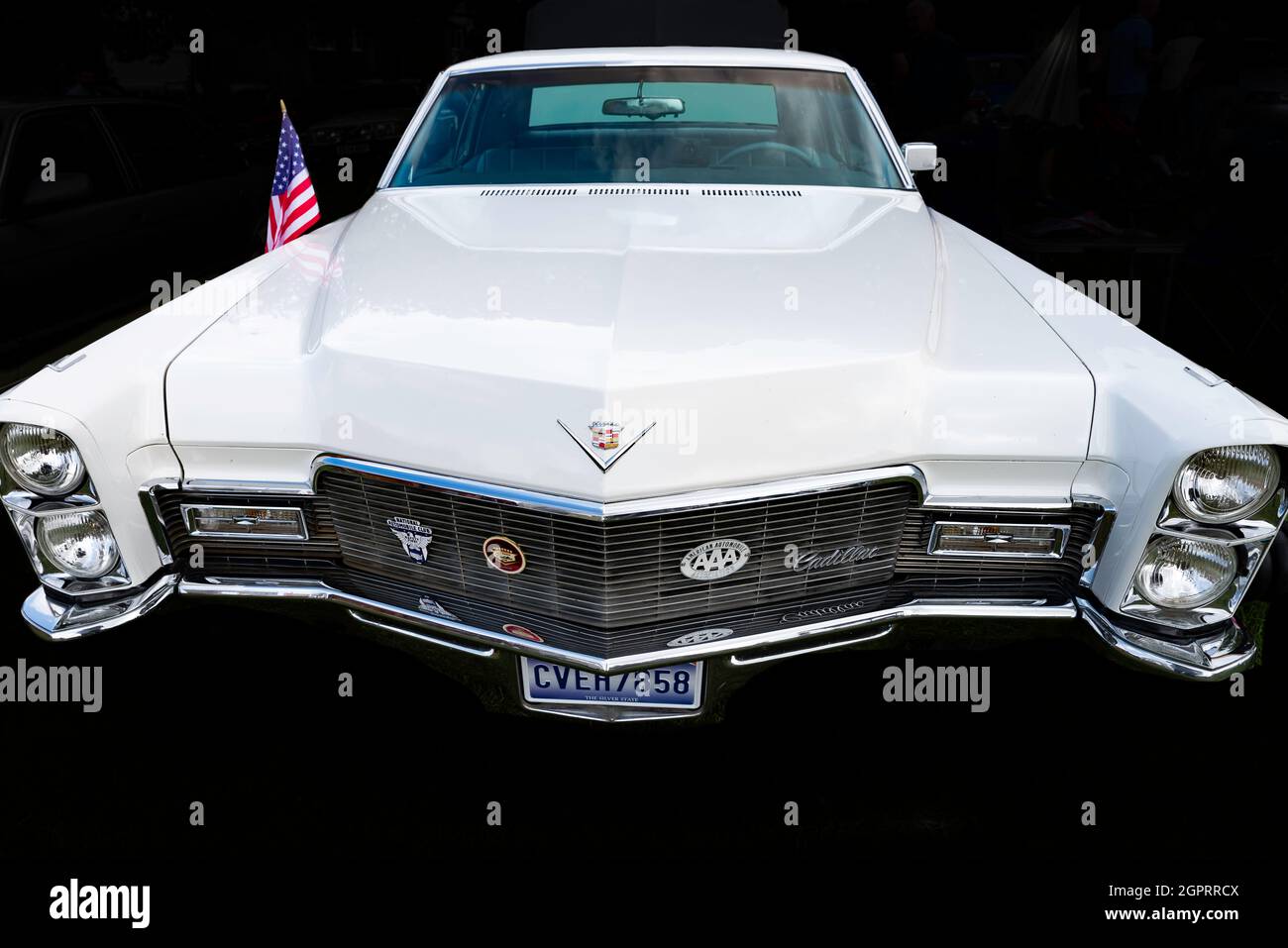 Classic Cadillac DeVille, white, with a Nevada plate, front view ...
