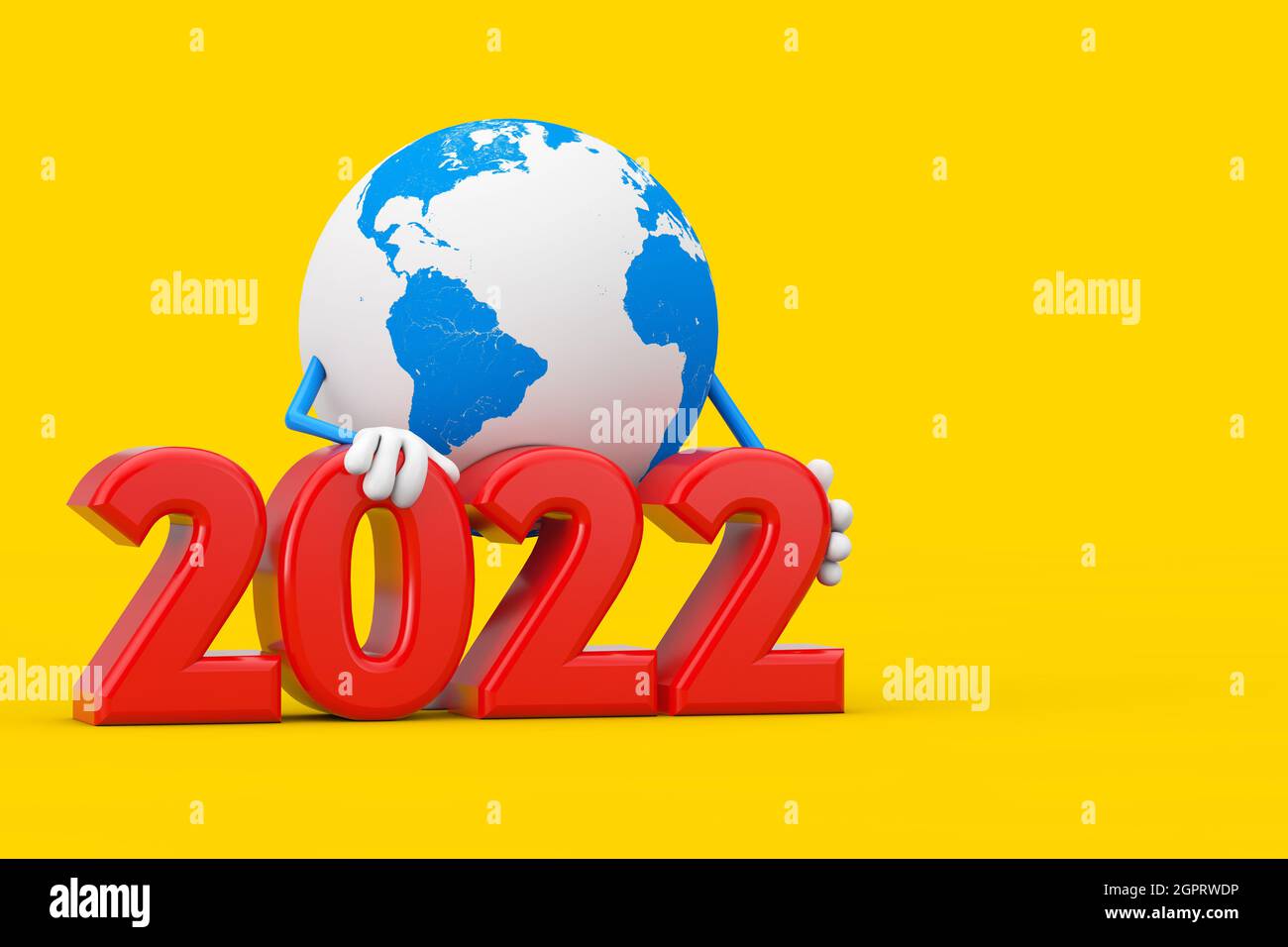 Earth Globe Character Mascot with 2022 New Year Sign on a yellow background. 3d Rendering Stock ...