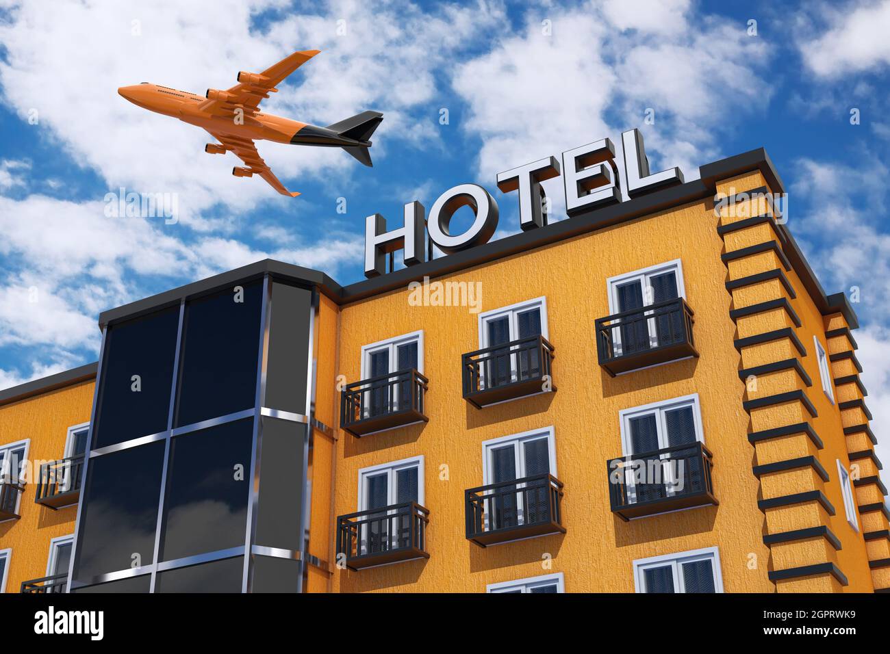 Jet Passengers Airplane fly over Modern Orange Hotel Building on a blue ...