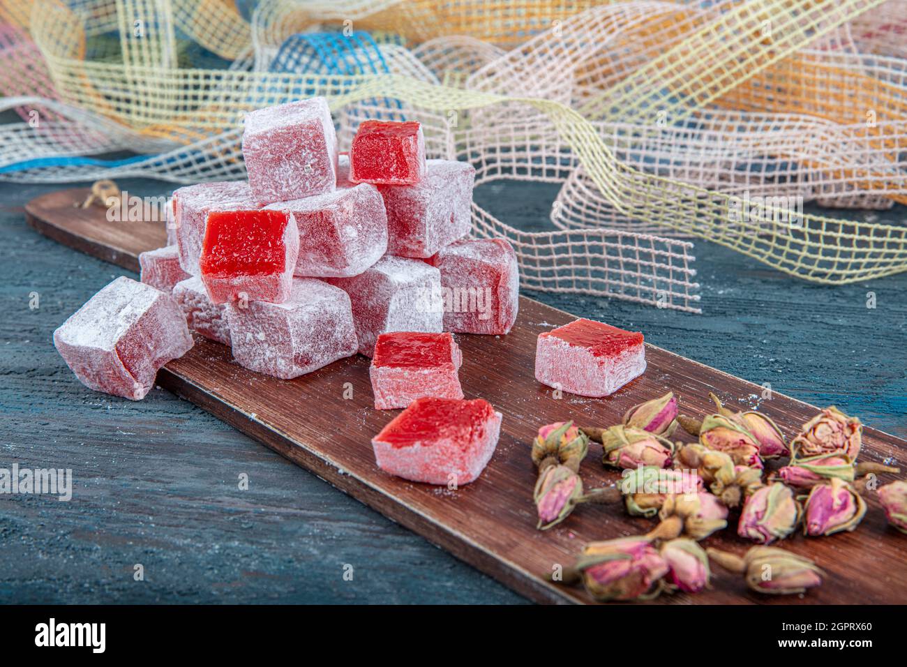 Turkish delight, rose flavored Turkish delight on the plate. Turkey ...