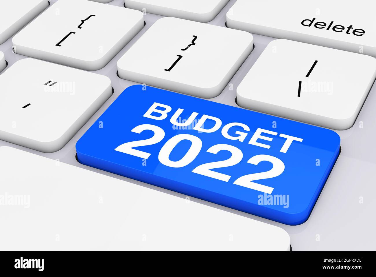 Blue Budget 2022 Key on White PC Keyboard extreme closeup. 3d Rendering ...