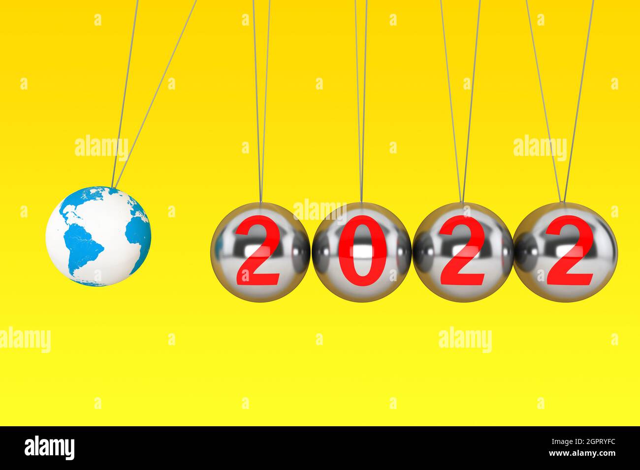 New Year concept. Spheres of Newton with Globe Earth and 2022 sign on a ...