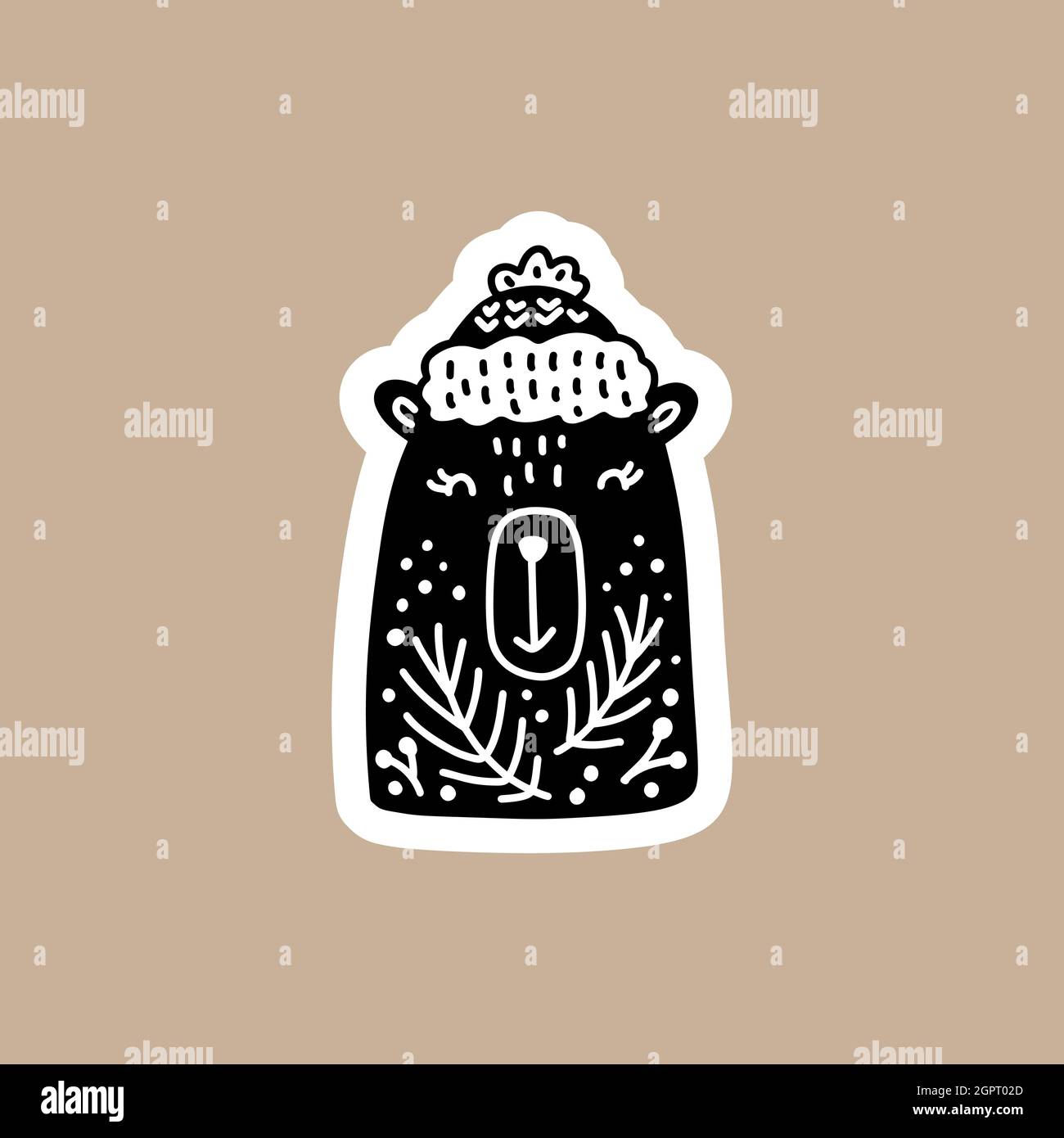 Christmas Black vector sticker with cute and funny bear. Hand drawn ...