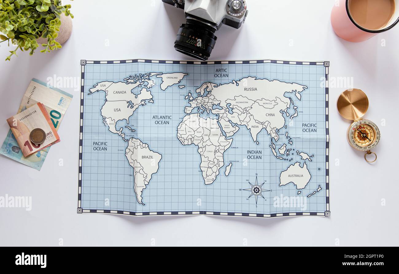 Tourism items assortment top view Stock Photo - Alamy
