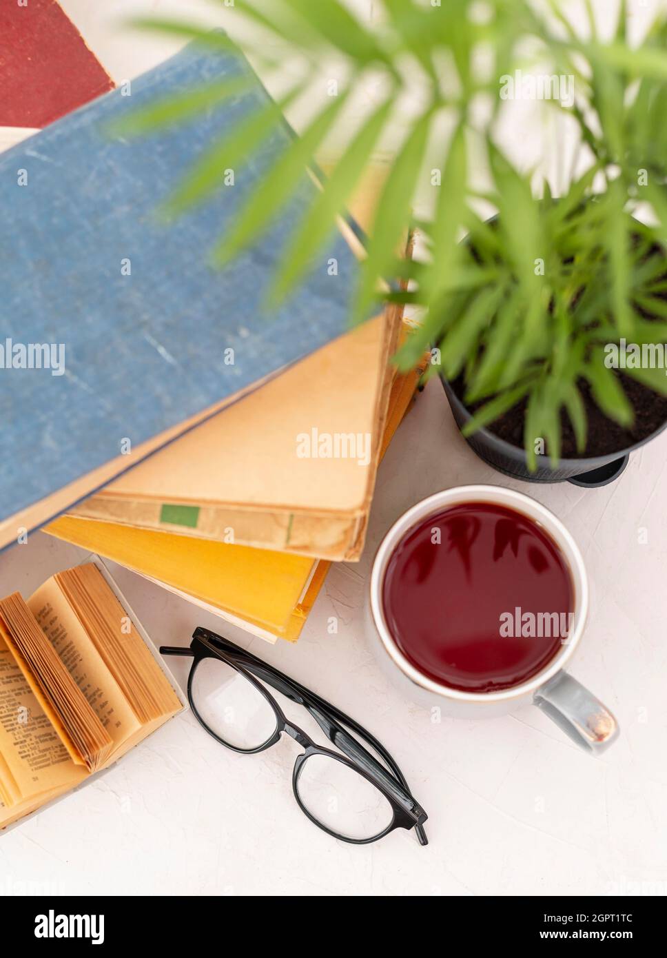 Books arrangement top view Stock Photo - Alamy