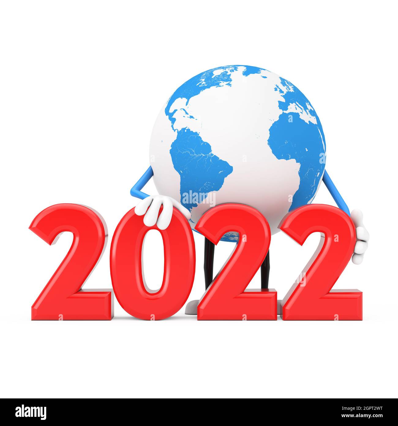 Earth Globe Character Mascot with 2022 New Year Sign on a white background. 3d Rendering Stock ...