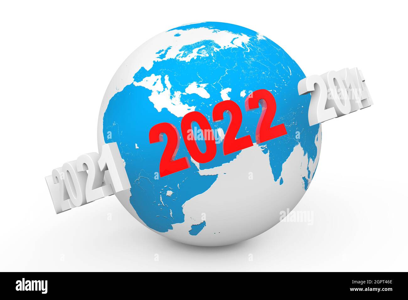 New Year Concept. 3d number 2022 around Earth Globe on a white ...