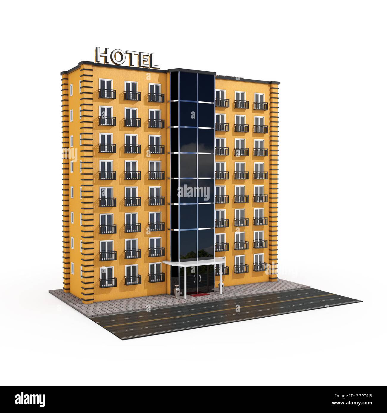Modern Orange Hotel Building with Street Road on a white background. 3d ...