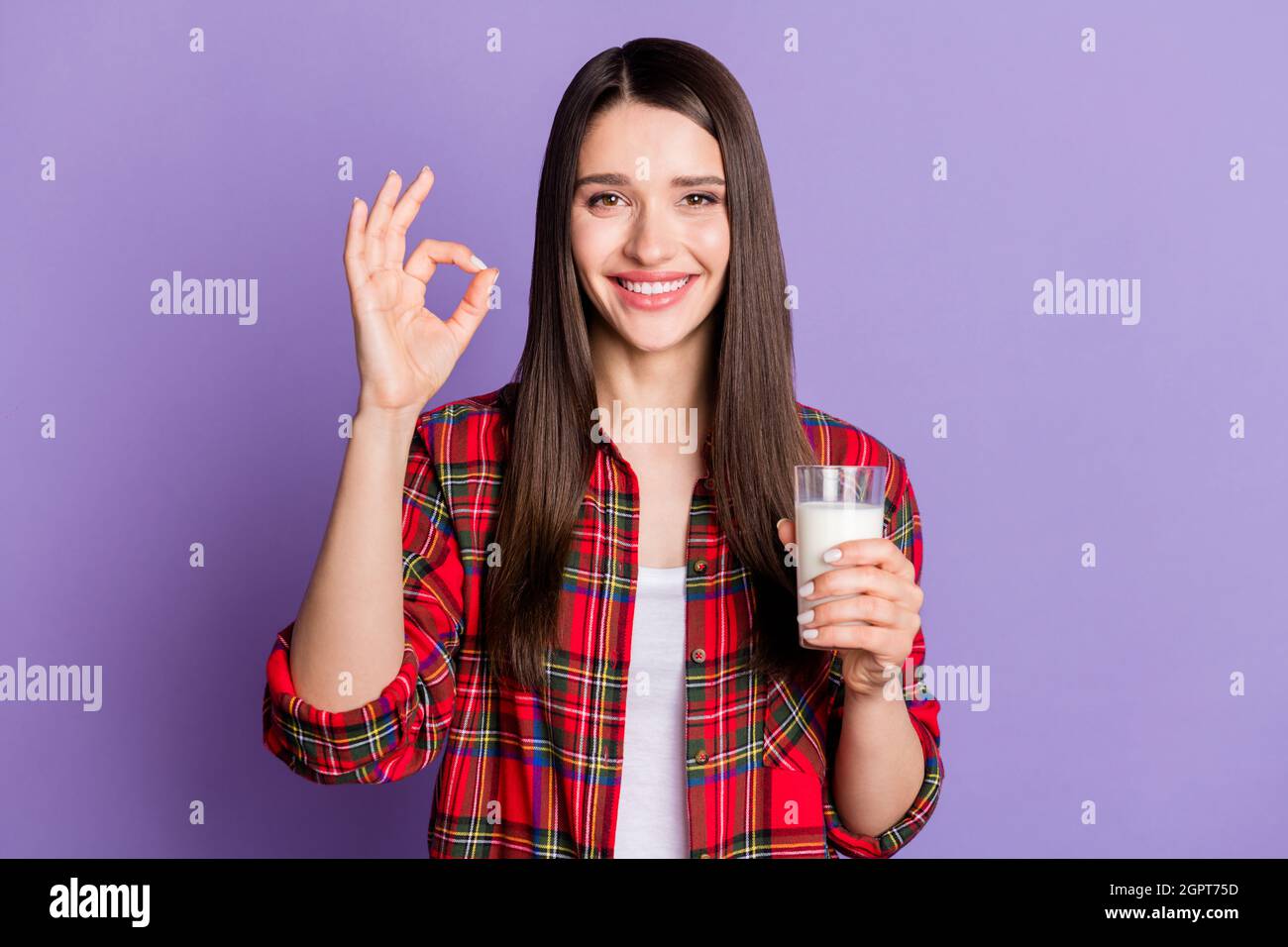 Photo of cool brunette hairdo millennial lady show okey drink milk wear ...