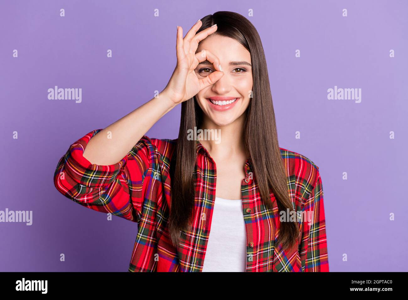 Photo of funny brunette hairdo young lady show glasses wear red shirt ...