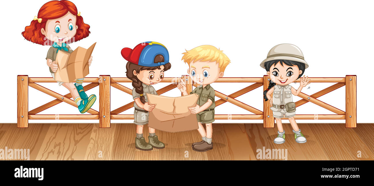 Four kids reading map on the bridge Stock Vector Image & Art - Alamy
