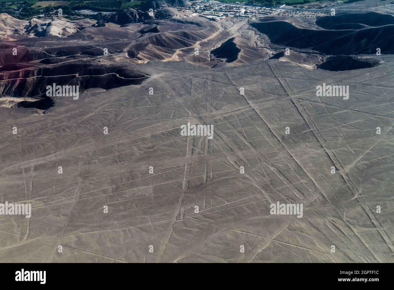 Aerial view of geoglyphs near Nazca - famous Nazca Lines, Peru Stock ...