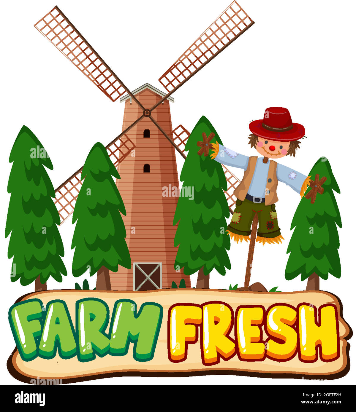 Font design for word farm fresh with scarecrow and windmill Stock ...
