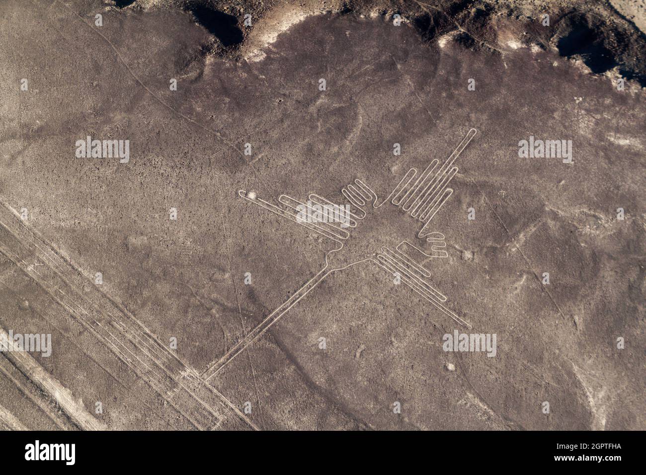 Aerial view of geoglyphs near Nazca - famous Nazca Lines, Peru. In the ...