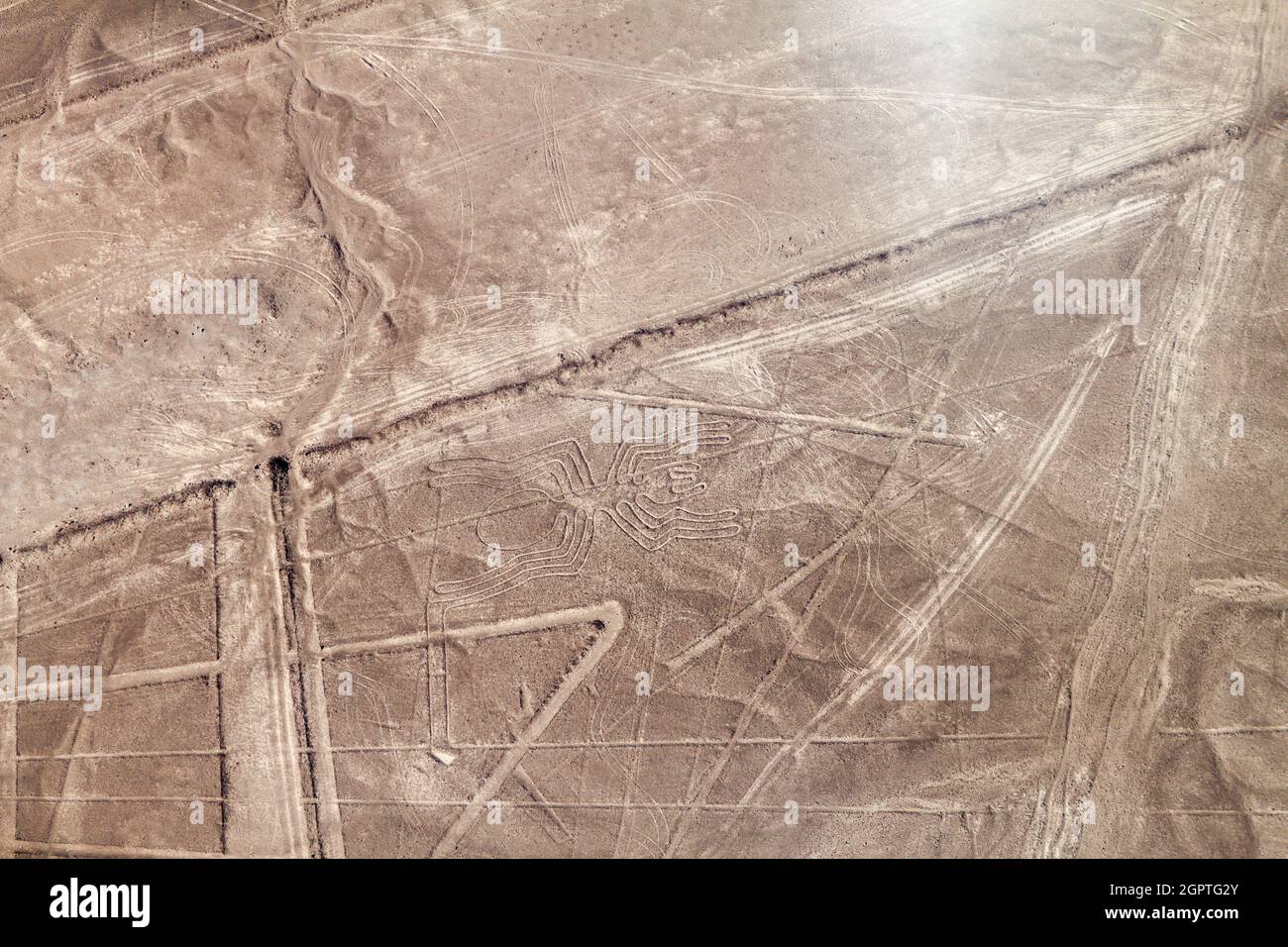 Aerial view of geoglyphs near Nazca - famous Nazca Lines, Peru. In the ...