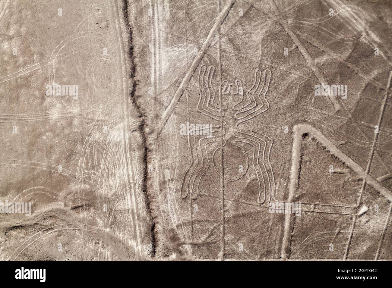 Aerial view of geoglyphs near Nazca - famous Nazca Lines, Peru. In the ...