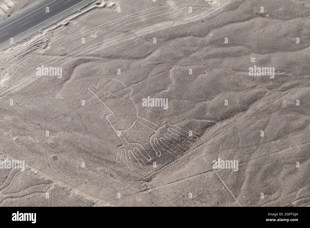 Aerial view of geoglyphs near Nazca - famous Nazca Lines, Peru. In the ...
