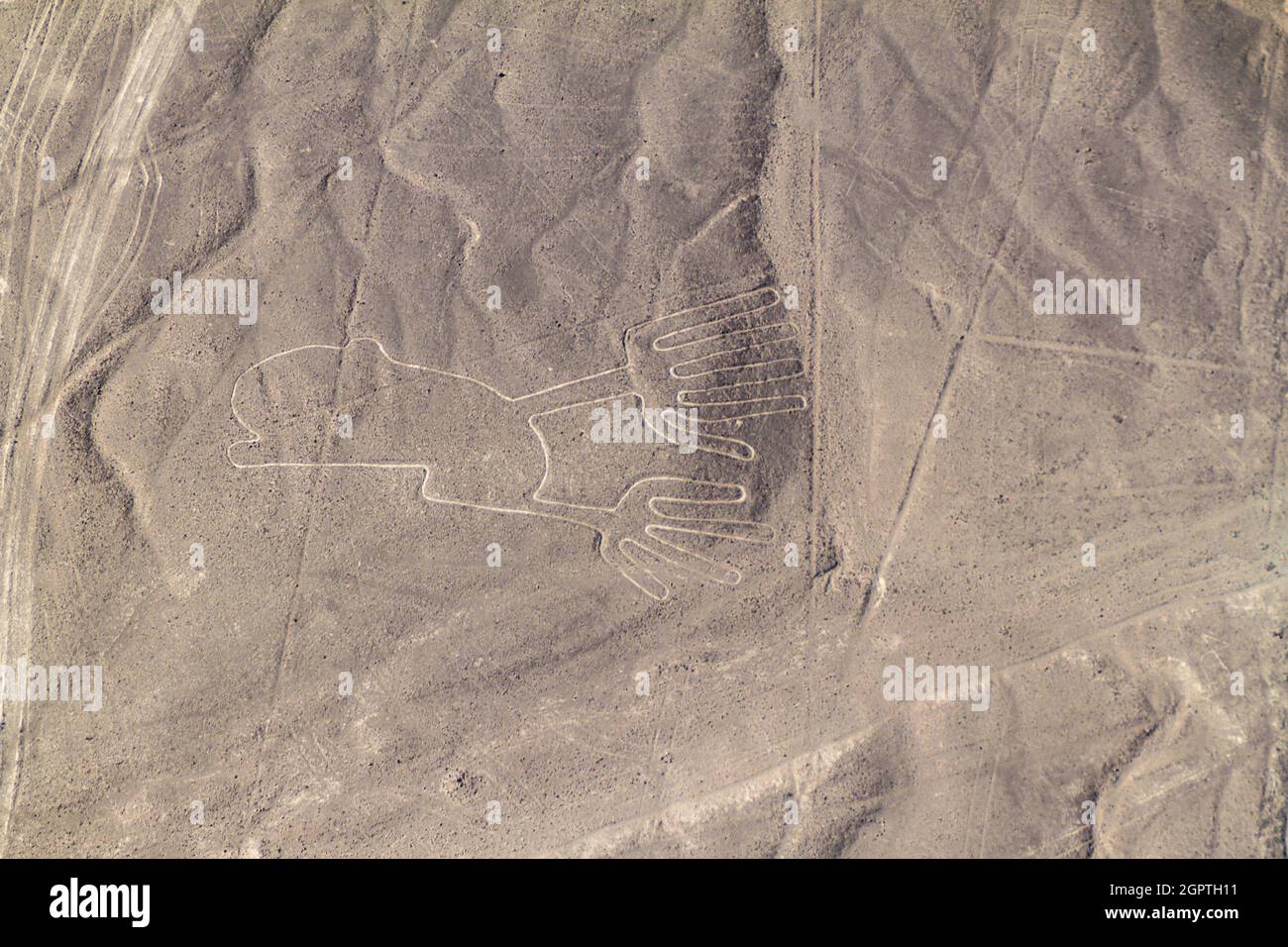 Aerial view of geoglyphs near Nazca - famous Nazca Lines, Peru. In the ...