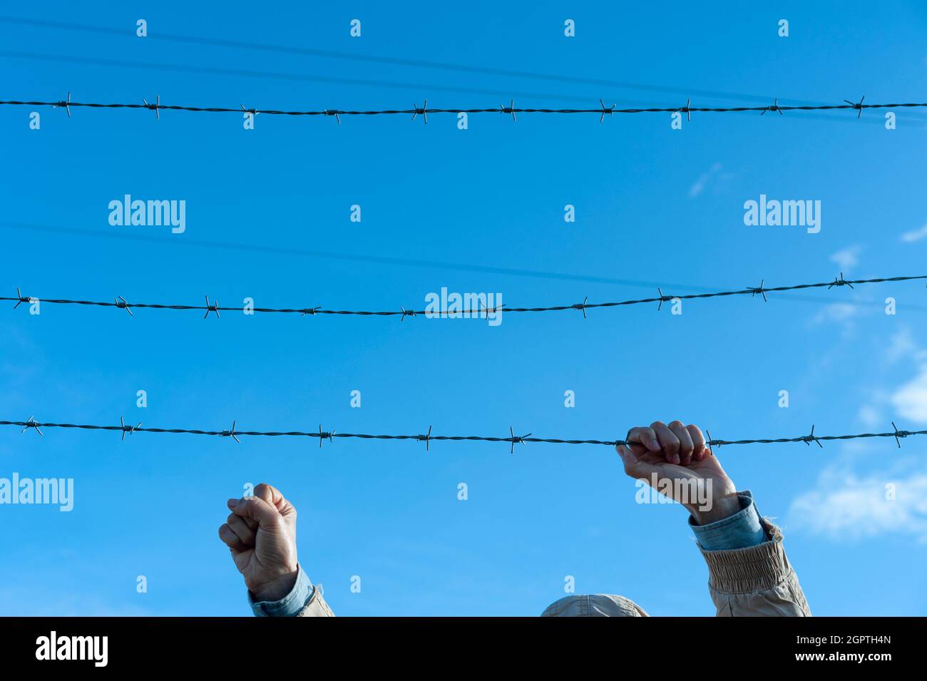 Lady's hand clinging to wire mesh, Behind the barrier Stock Photo - Alamy
