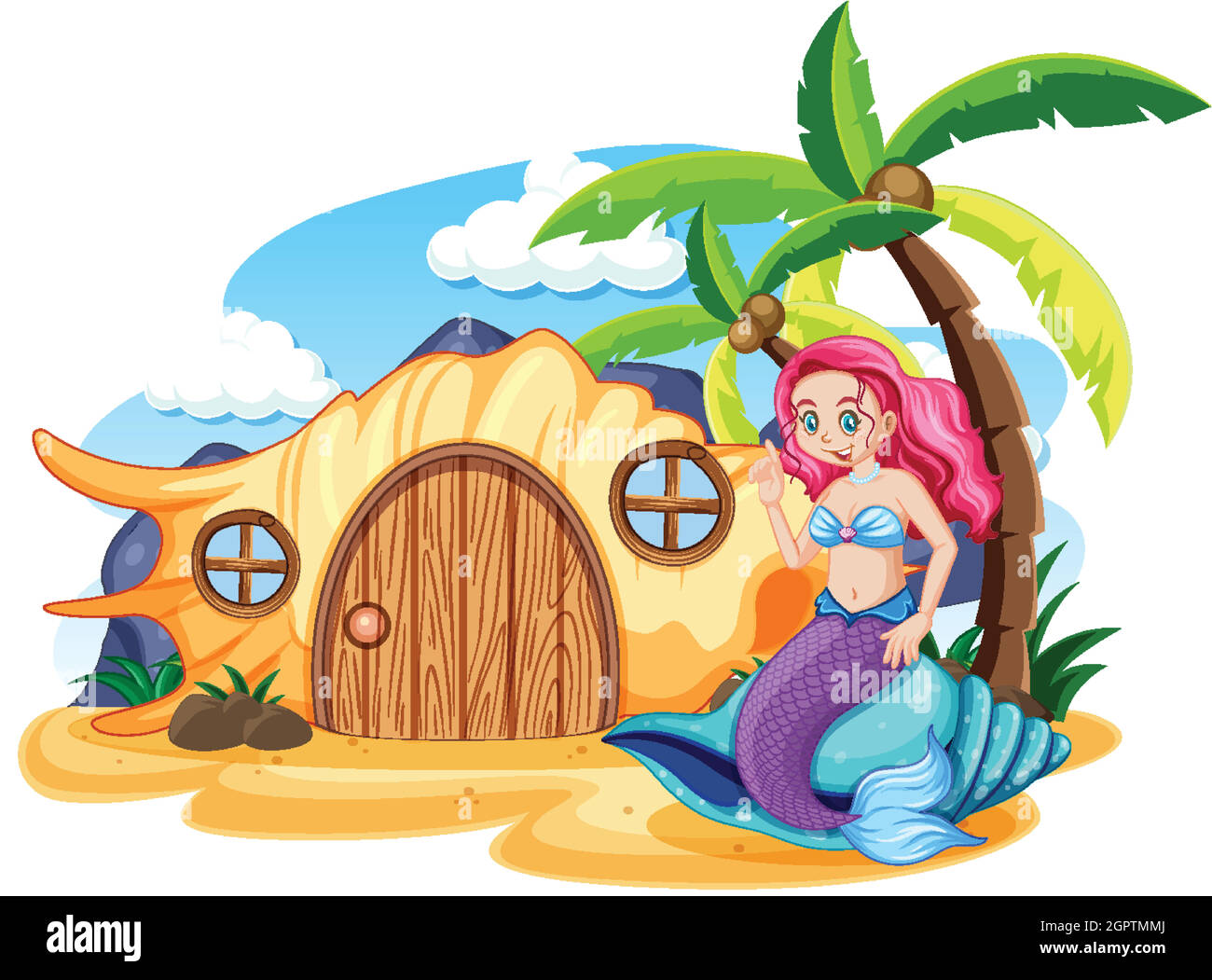 Mermaid and shell house on the beach cartoon style on sky background ...