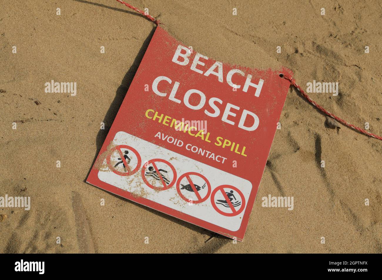 Beach closed sign, chemical hazard pollution, people danger, coastal ...