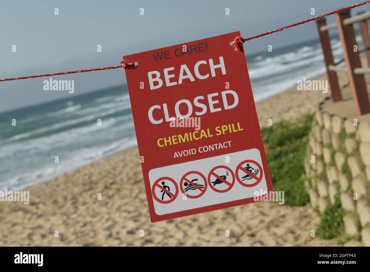Beach Closed sign, toxic chemical pollution of sea, Durban, South ...