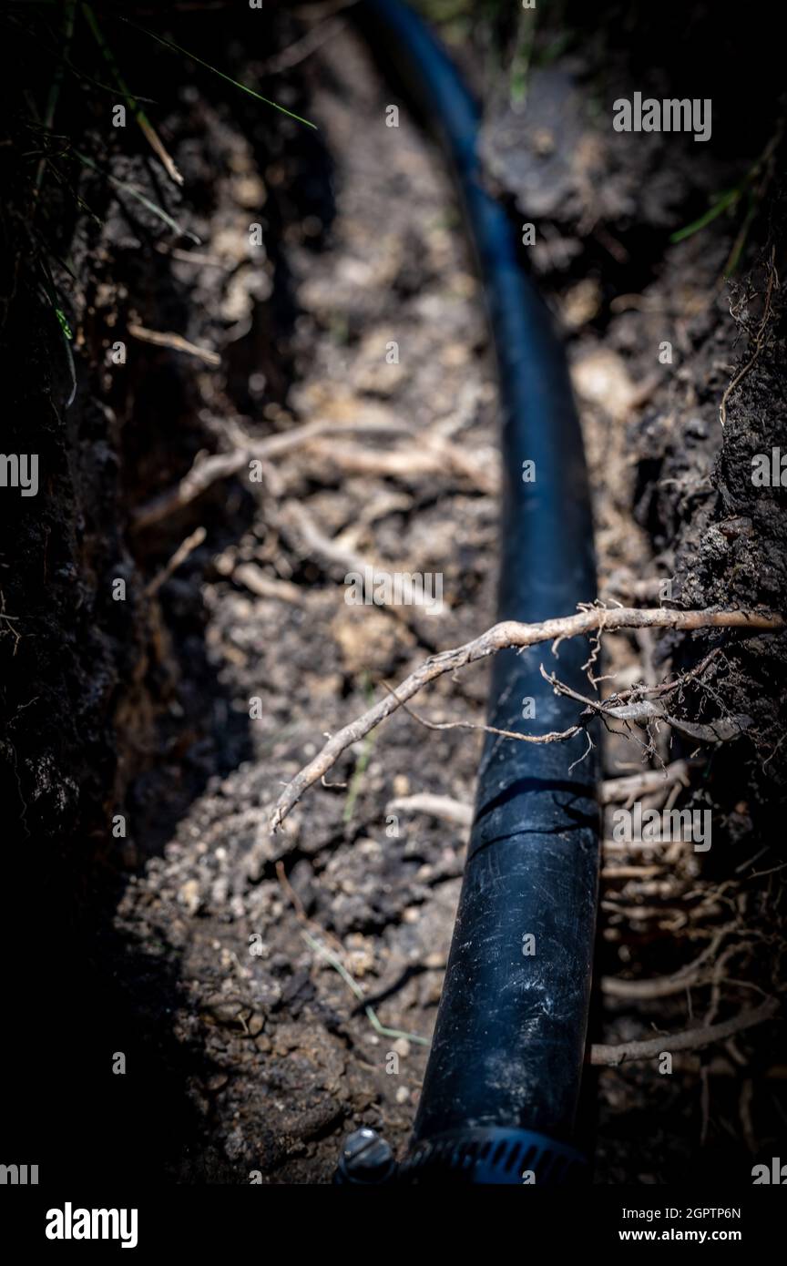 Focus on a black 1 inch sprinkler plastic water line laid in a shallow ...