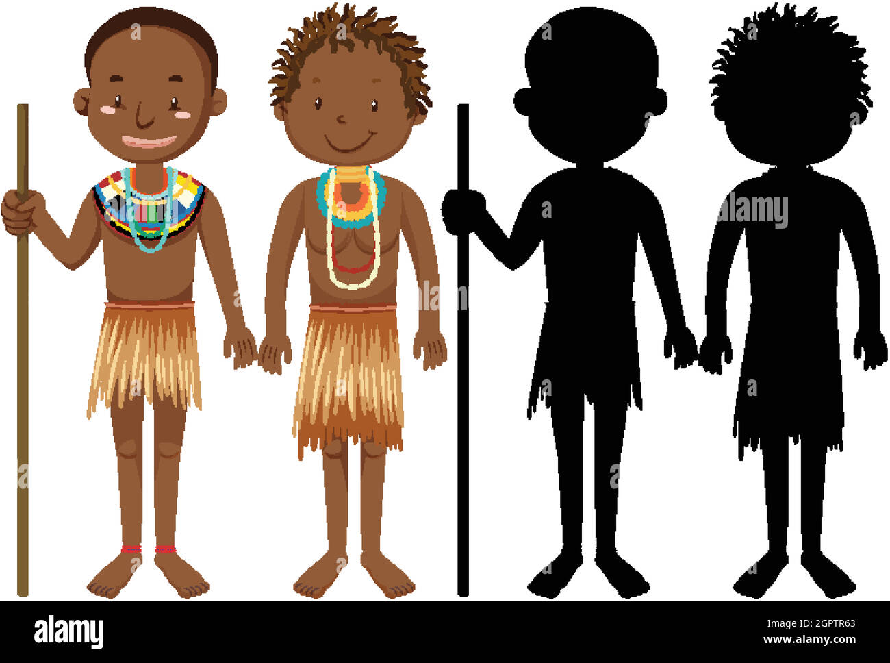 Set of people of African tribes character with its silhouette Stock ...