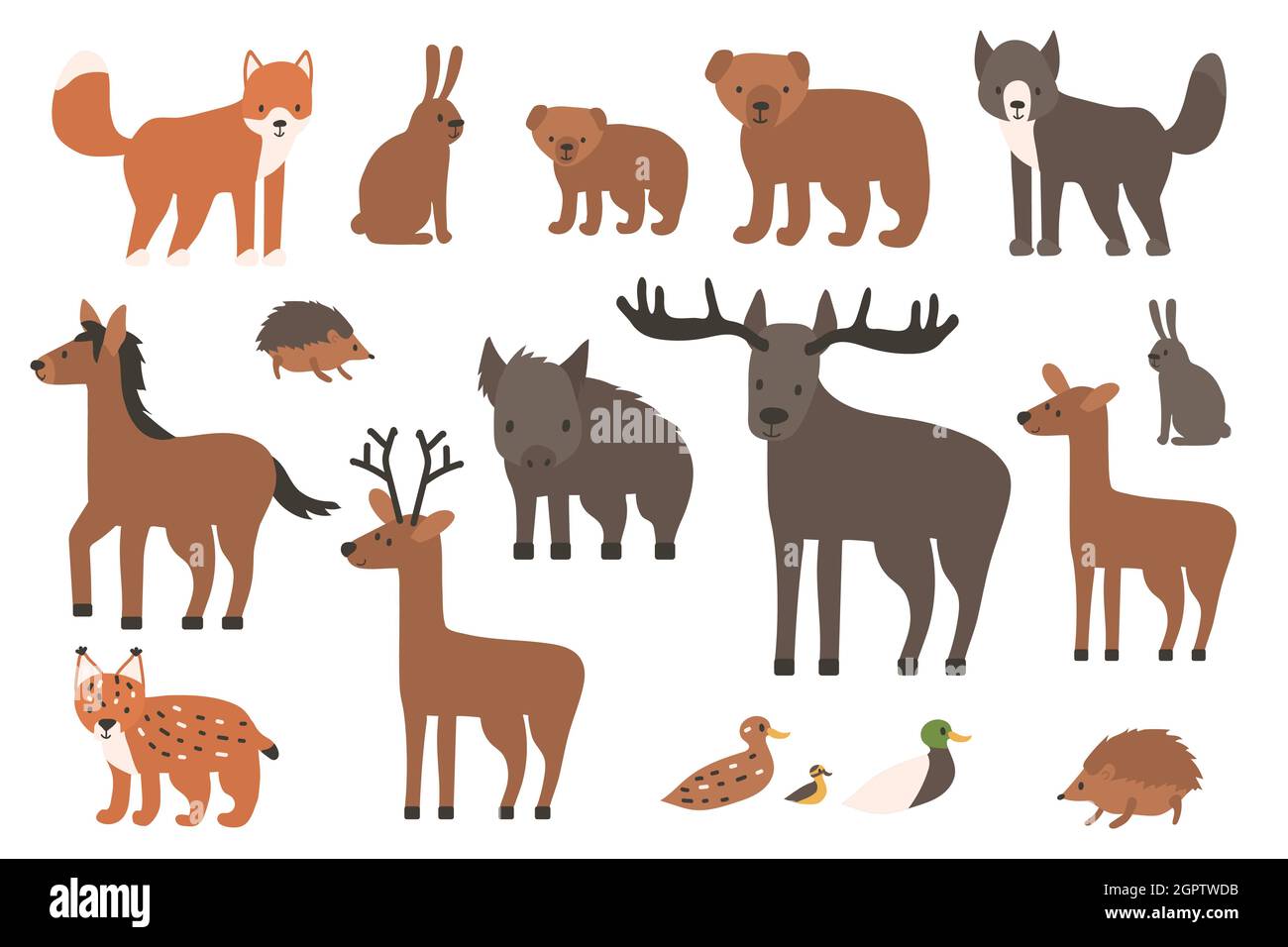 Set of cute forest animals. Cartoon isolated vector fox, wolf, bear ...