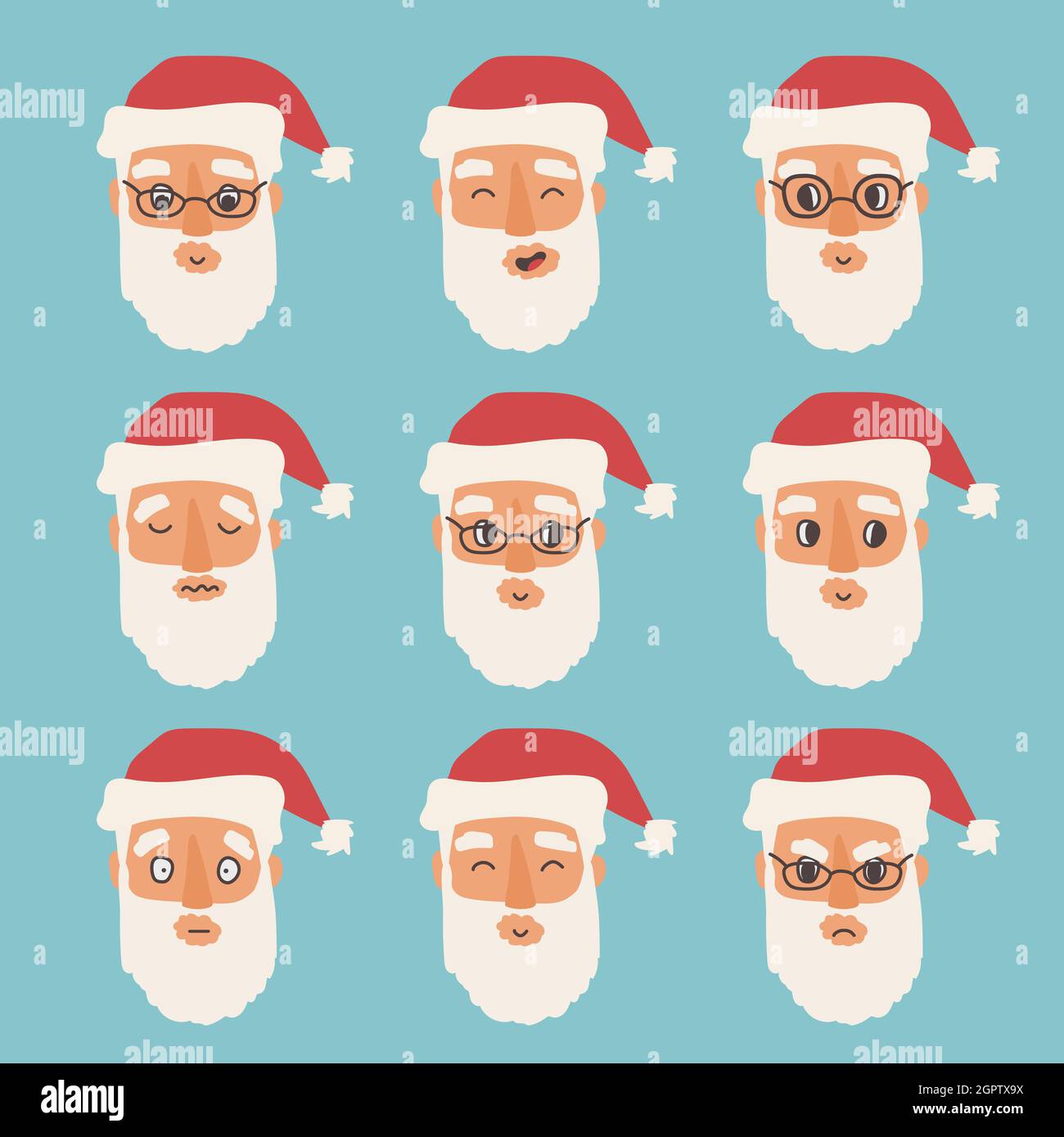 Set of isolated Santa Claus emotions. Happy, sad, wondered and angry ...