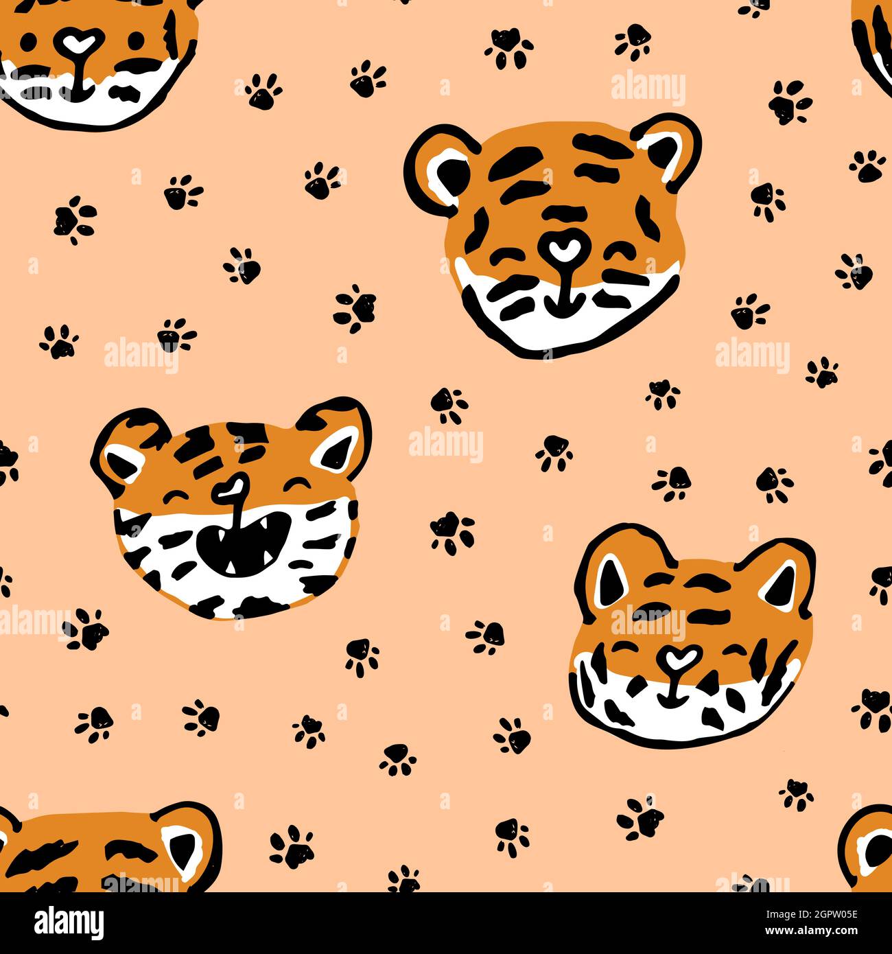 Cute hand drawn little tigers seamless pattern. Vector illustration on ...
