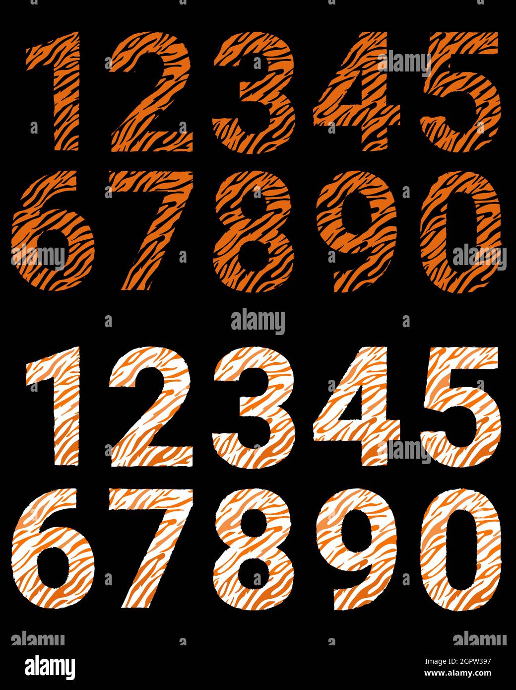 Set of numbers with a tiger pattern. Decorative striped numbers from 0 ...