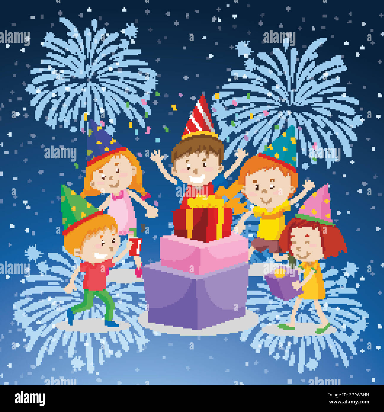 Happy children with presents and fireworks Stock Vector Image & Art - Alamy