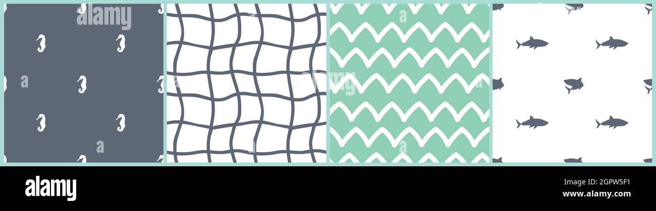 Sea horses, sharks, fishing net and waves seamless patterns. Vector ...
