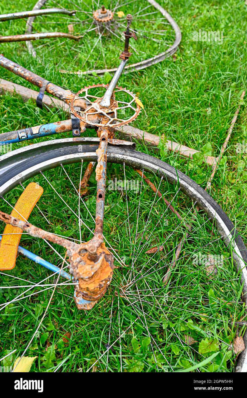 old broken bike fished up with magnet in Orebro Sweden Stock Photo - Alamy