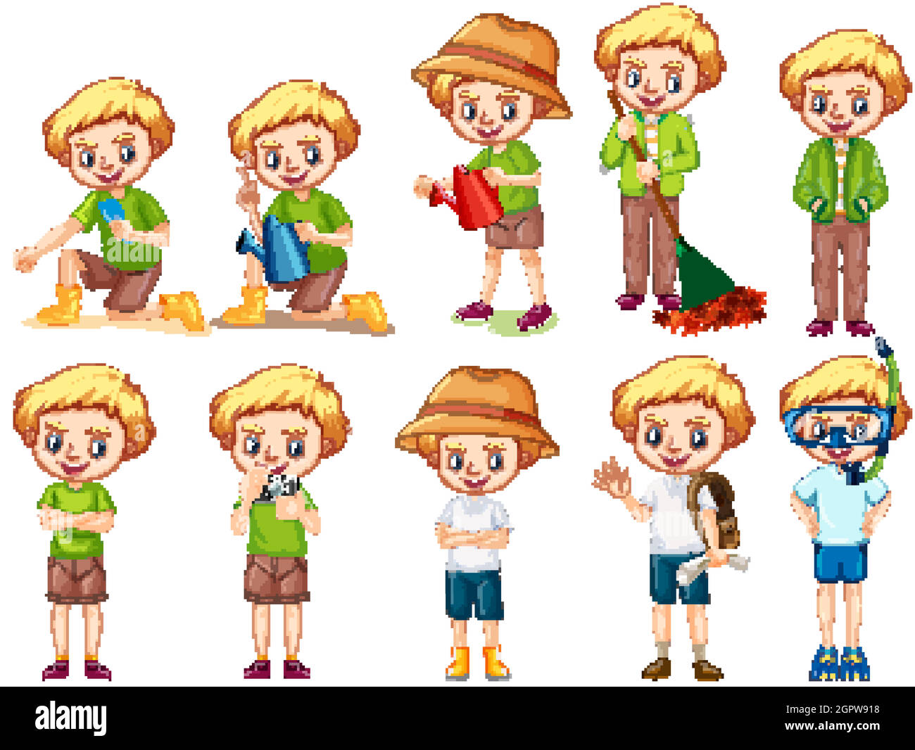 Boy doing different activities on isolated background Stock Vector ...