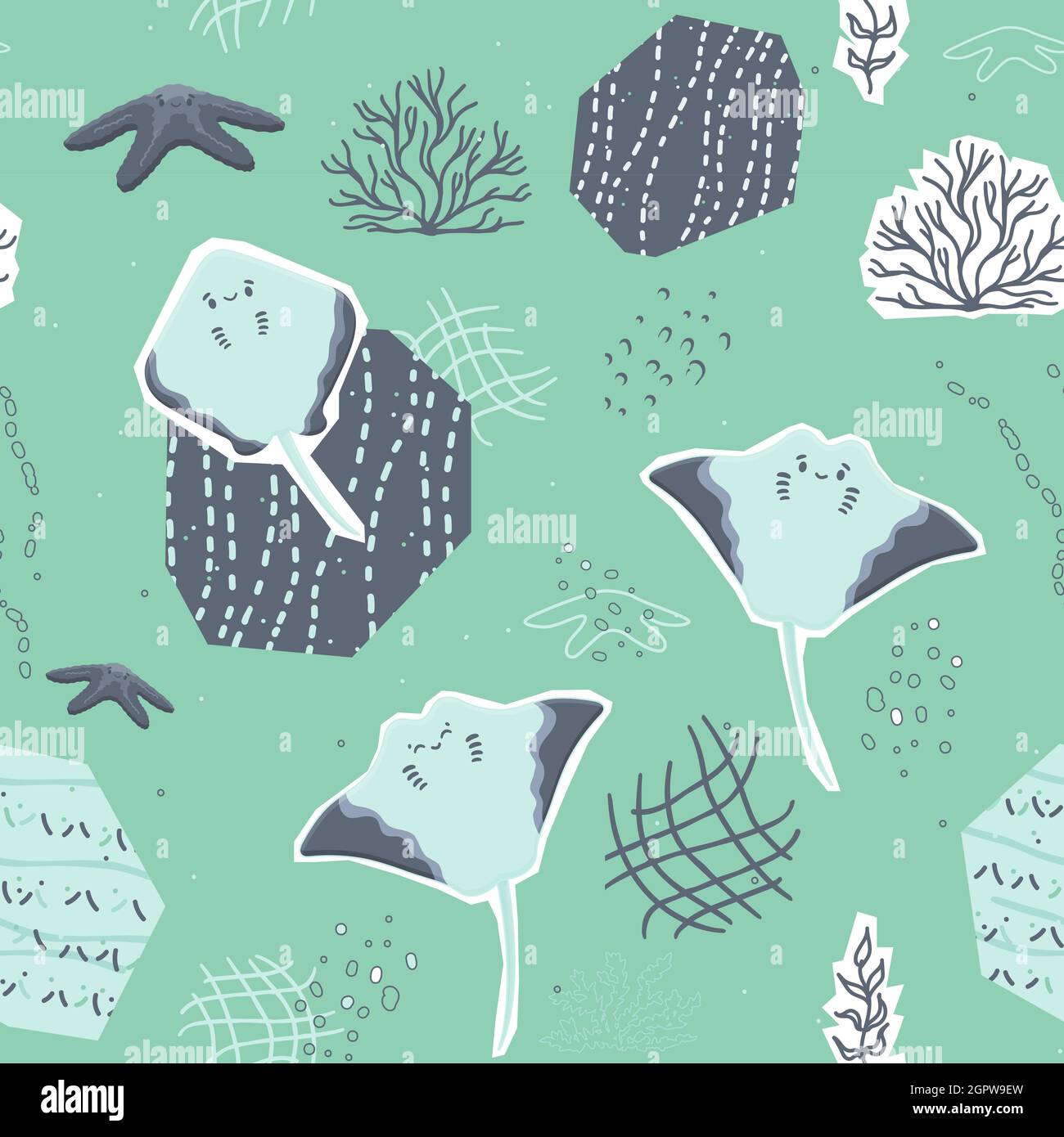 Cute cartoon stingray, starfish characters with algae and corals ...