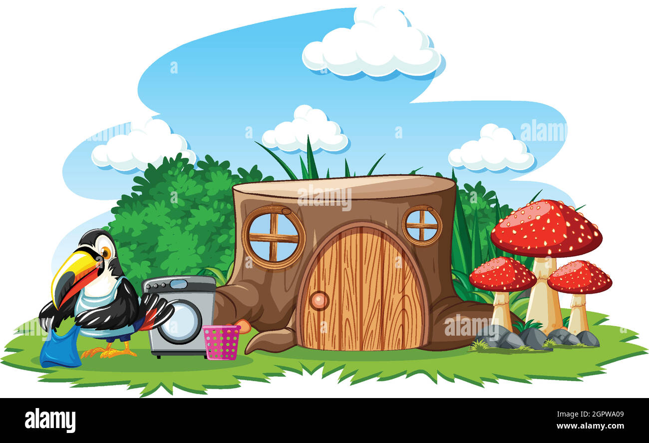 Stump house with cute bird cartoon style on white background Stock ...