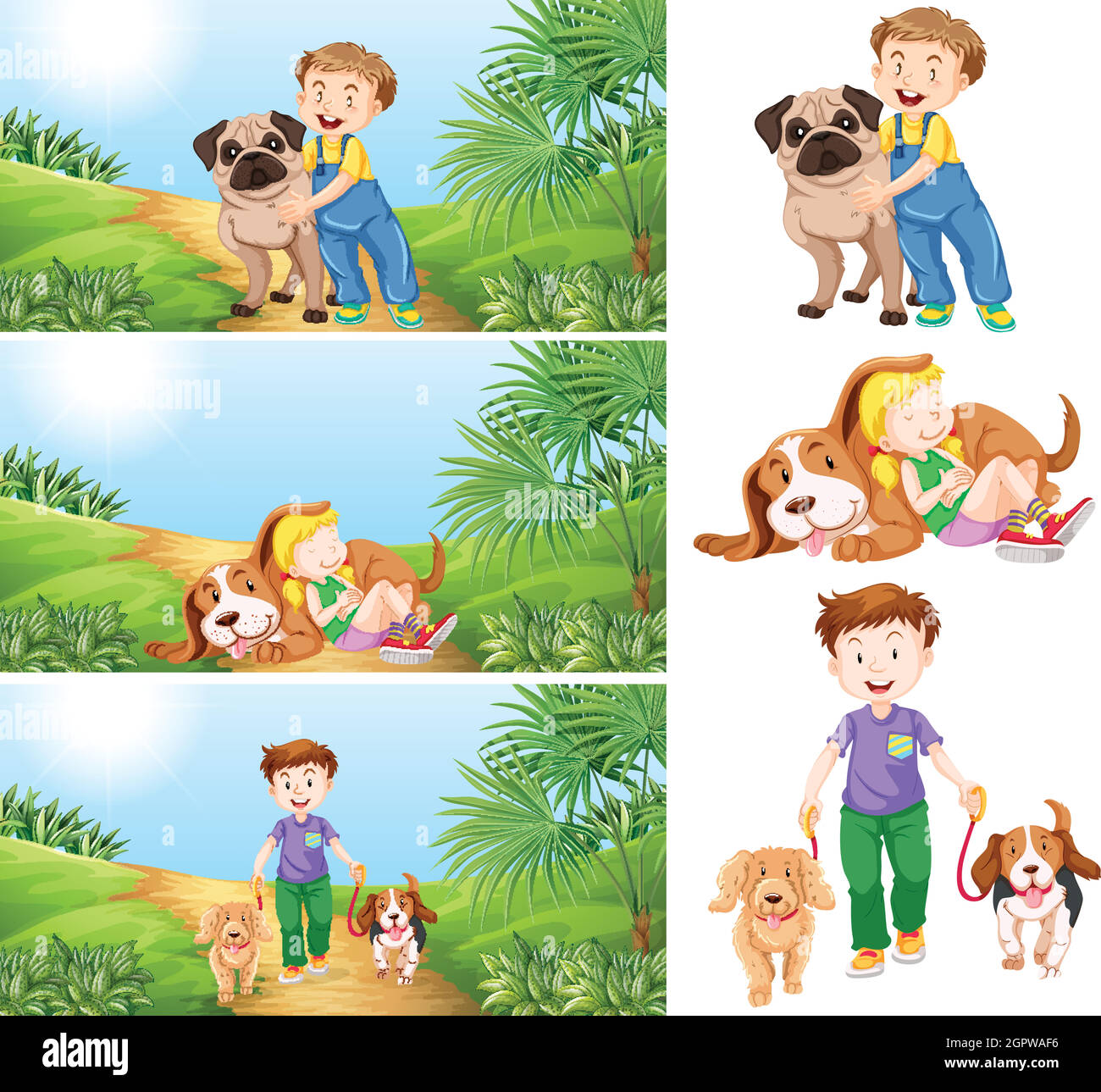 Boy and girl with pet dogs Stock Vector Image & Art - Alamy