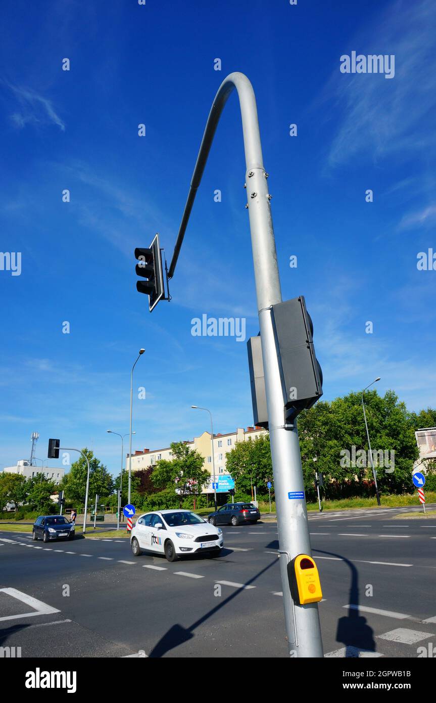 POZNAN, POLAND - Jul 29, 2017: A high traffic light post on a ...