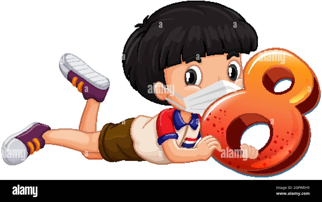 Asian boy wearing mask holding math number eight Stock Vector Image ...