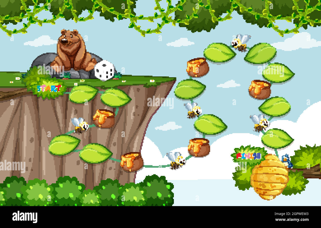 Game template with grizzly bear and bee on forest background Stock ...