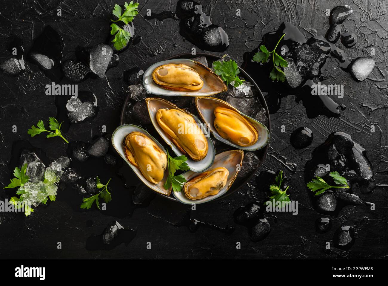 Top view delicious seafood composition Stock Photo - Alamy