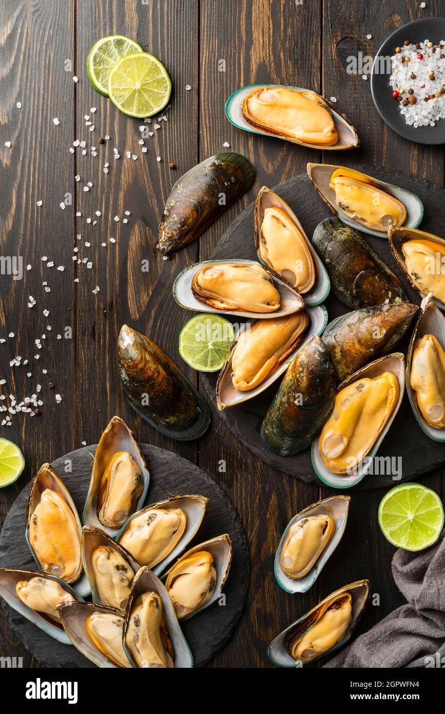 Top view delicious seafood composition Stock Photo - Alamy
