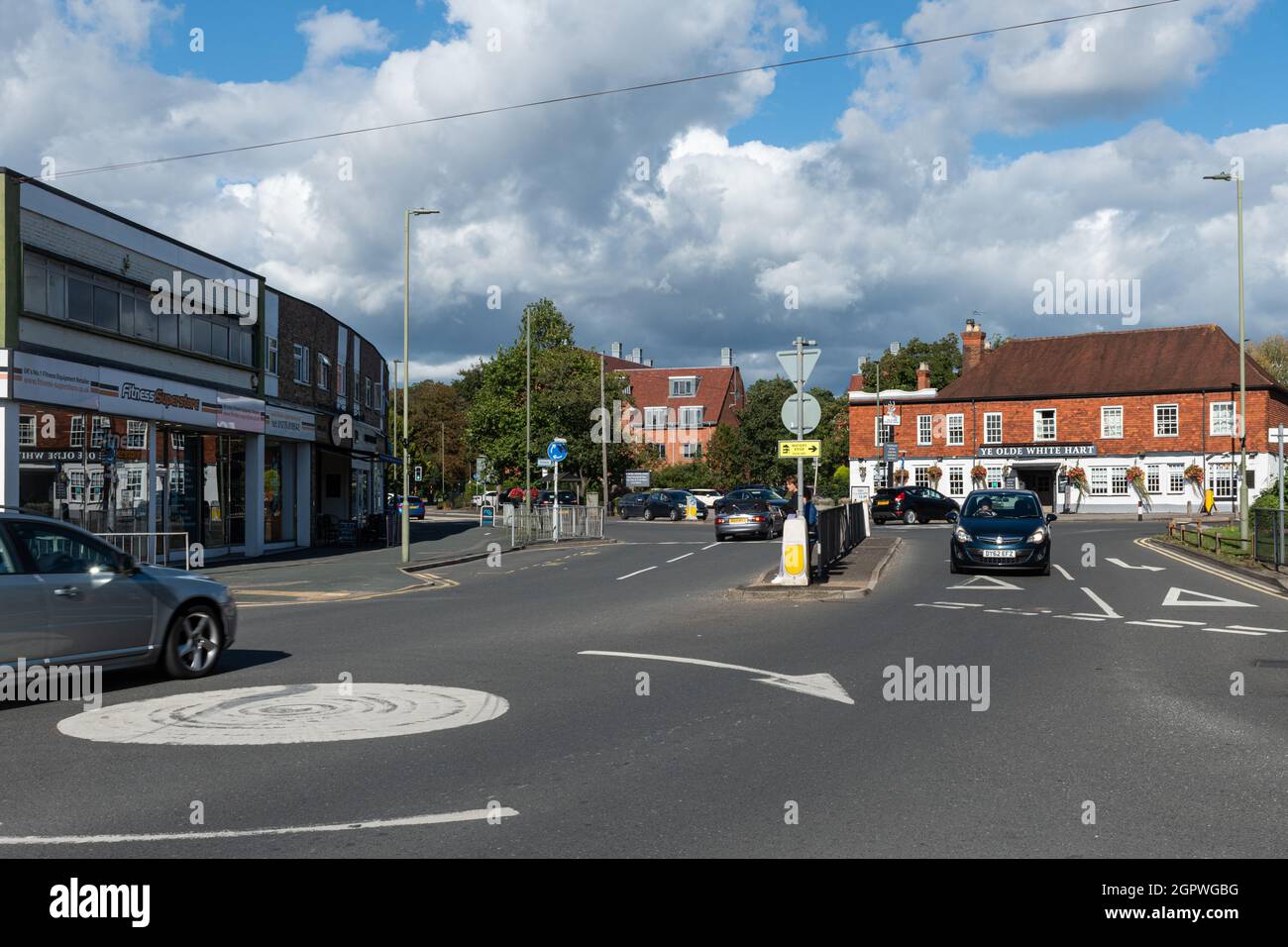 View down the High Street in Frimley town centre to Ye Olde White Hart ...