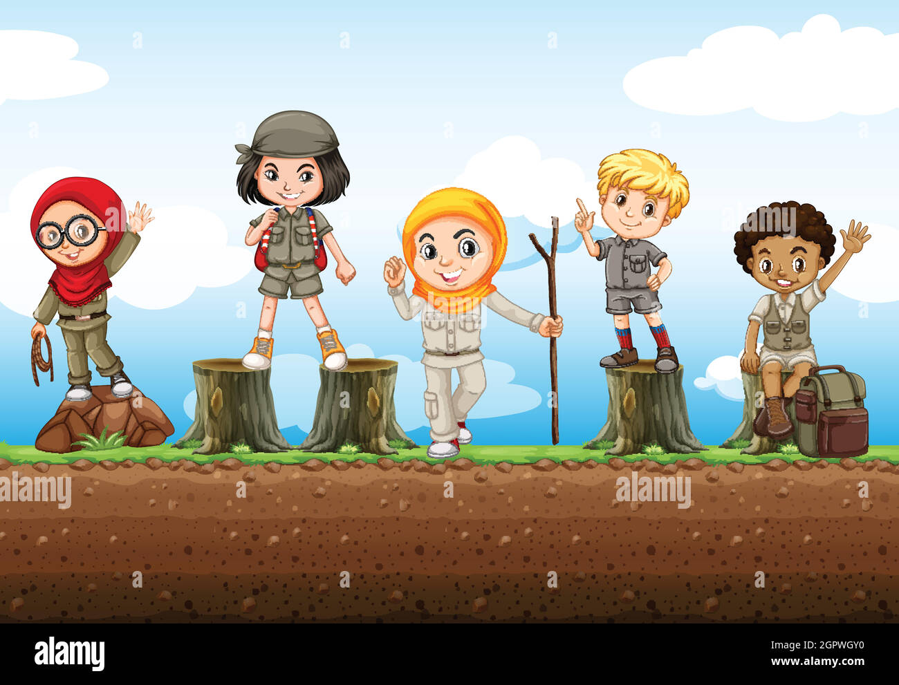 Children standing on logs Stock Vector Image & Art - Alamy