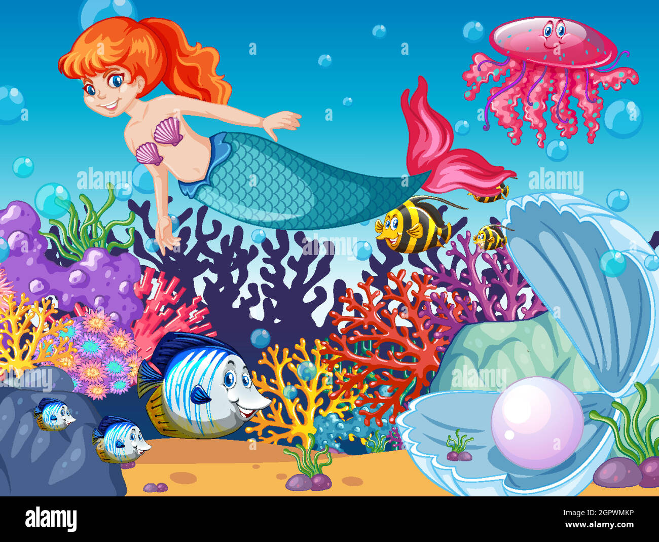 Set of sea animals and mermaid cartoon character on sea background ...