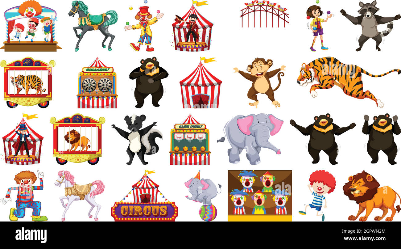 Huge circus collection with mixed animals, people, clowns and rides ...